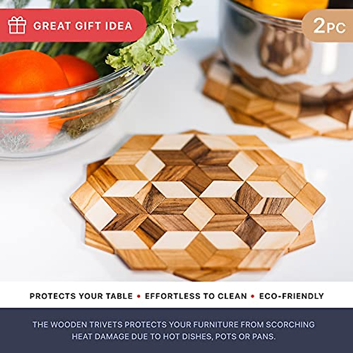 Natural Wood Trivets for Hot Dishes Set Sturdy 8'', Pots and Pans - 2 Eco Friendly Hot Pads for Kitchen Counter - Round Stand Dining Table Decor,Hot Plates to Protect - Wood Teapot Trivet Gifts