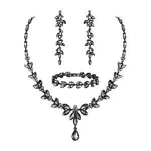 EVER FAITH Austrian Crystal Party Jewelry Sets, Costume Marquise Rhinestone Leaf Necklace Dangle Earrings Tennis Bracelet Set Grey Black-Tone