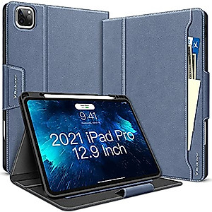 BuKoor iPad Pro 12.9 inch 2022/2021/2020/2018 Case Generation with Apple Pencil Holder PU Leather Folio Smart Stand Magnetic Clasp Shockproof Cover for iPad Pro 12.9 6th/5th/4th/3rd(Dull Blue)