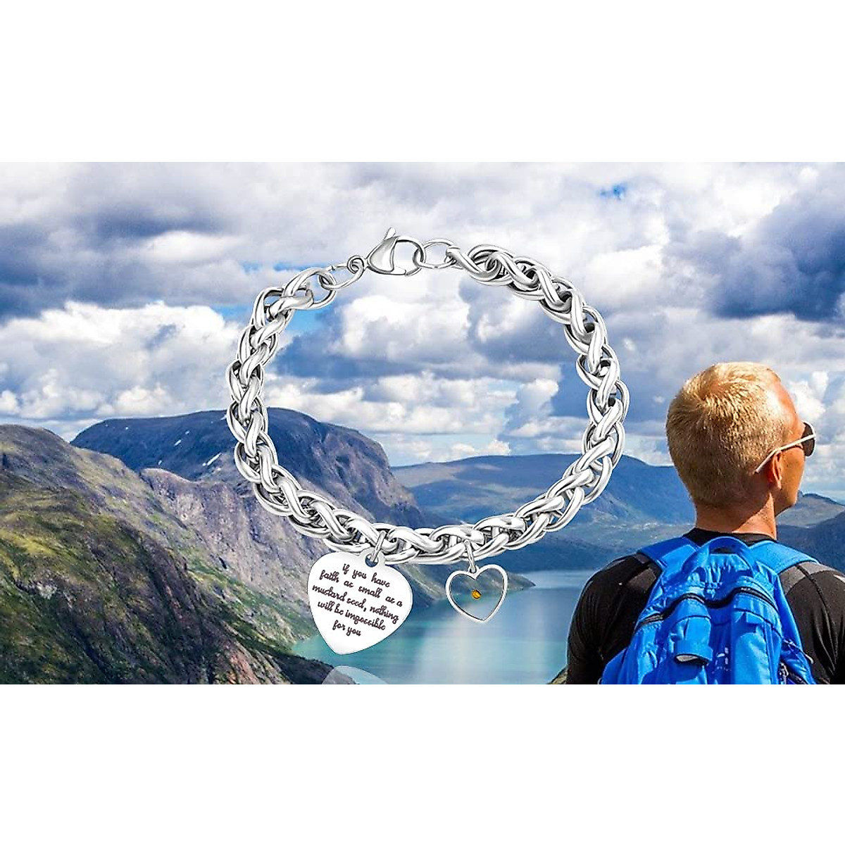 Cool Stainless Chunky Thick Large Link Chain Bracelet with Faith Mustard Seed Charm for Men Women Length 7.9" * Width 8mm (8mm-Heart Charm)