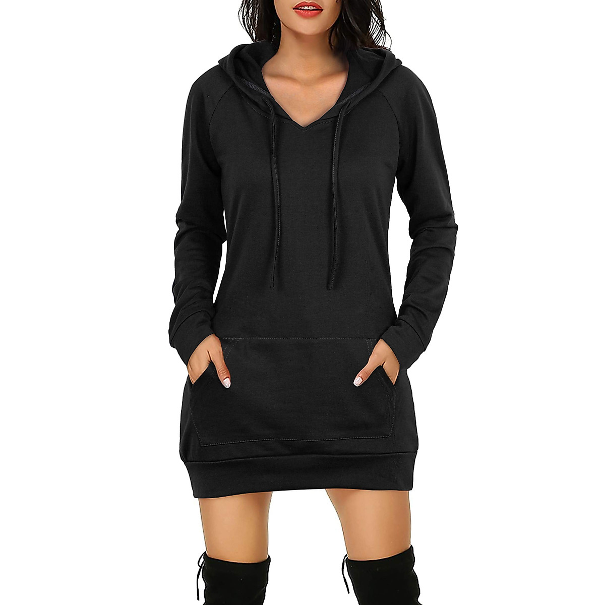 BEPEI Womens Long Sleeve Tunic Sweatshirt String Hoodie with Pocket Extra Long Tunic Sweaters to Wear with Leggings Fall and Winter Tops Trendy 2024 Dressy Casual Clothing Plain Warm Hoodies Black S