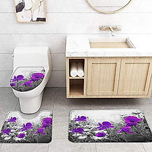 4 Pieces Bathroom Shower Curtain with Mats Set Purple Poppy Floral Grey Botanical Back,Non-slip Bath Rugs Toilet Lid Cover and U-shaped Carpet,Elegant Flower Watercolor Doormats Waterproof Curtains