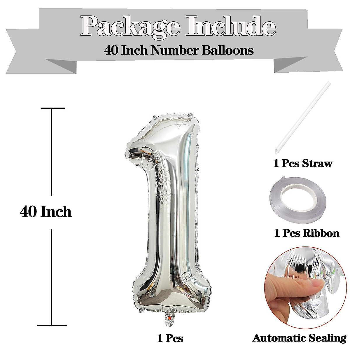 40 Inch Large Silver Number 1 Letter Balloon, Alphabet Letter Mylar Foil Helium Big Number Balloons for Birthday Anniversary Party Graduations Festival Decorations