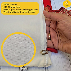 Clarkia Reusable Cotton Saree Cover with Blouse compartment big size for Storage, Wardrobe Organizer bags saree bags cotton (17x17 inches, Beige) (12)