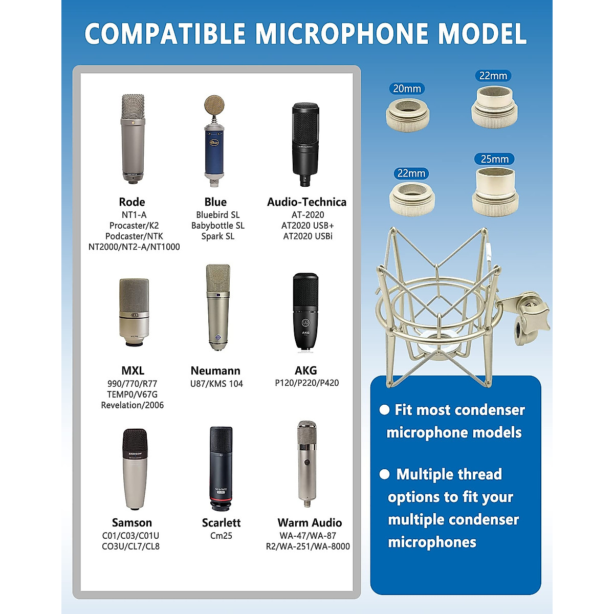 SUUNTOK AT2020 Shock Mount Universal Microphone Holder Spider Recording Mic Shockmount Stand Compatible with Many Condenser Mics Like Rode NT1-A NT2-A Procaster MXL 990 770 U87 (Champagne)