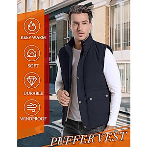 Flygo Men's Winter Warm Outdoor Padded Puffer Vest Thick Fleece Lined Sleeveless Jacket (Blue 2XL)