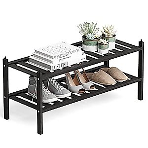 Dranixly Shoe Rack, 2-Tier Bamboo Stackable Shoe Shelf Storage Organizer, Shoe Stand for Closet, Entryway and Hallway （Black）