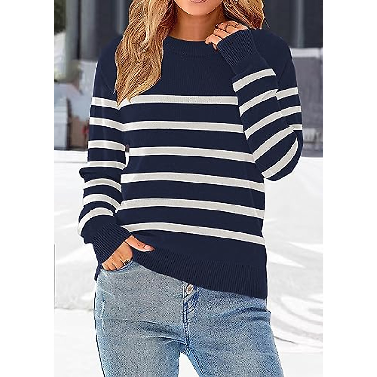 GUNEST Women’s Striped Navy Sweater Long Sleeve Crew Neck Ribbed Knit 2024 Fall Winter Pullover Sweater Tops for Fall Winter