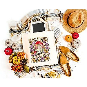 GXVUIS Stay Trippy Little Hippie Canvas Tote Bag for Women Aesthetic Flowers Mushrooms Boho Reusable Grocery Shoulder Bags White