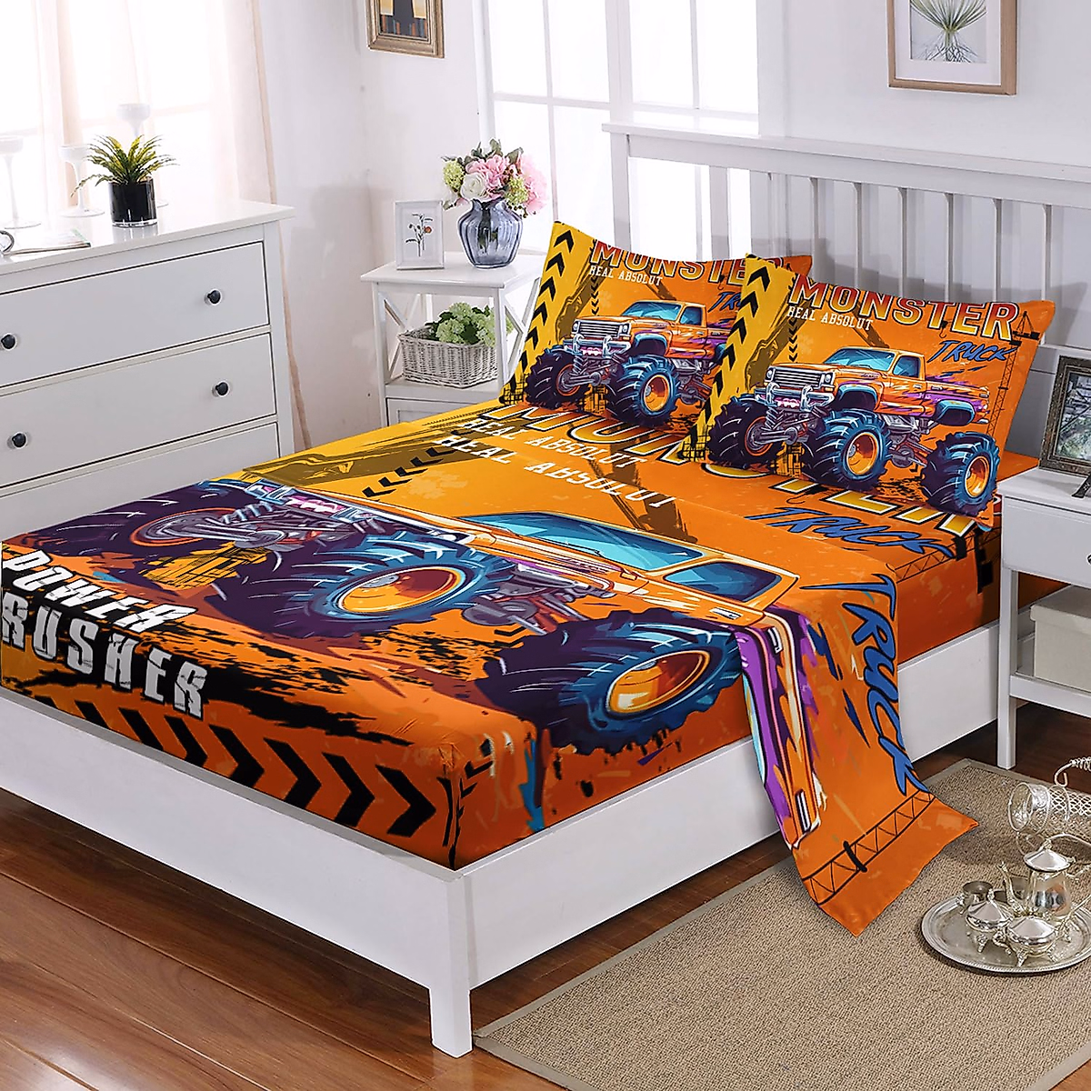 Monster Car 4 Pieces Bed Sheets Soft Washed Microfiber Orange Off Road Bedding Set Fitted Sheet Deep Pockets Top Flat Sheet Room Decor Orange Queen with 2 Pillowcases for Kids Boys and Girls
