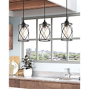 Osimir Industrial Pendant Light, 2 Pack Mini Glass Pendant Light for Kitchen, Cage Pendant Lighting in Black Finish with Clear Glass, Adjustable Length, CH9176-1-2PK