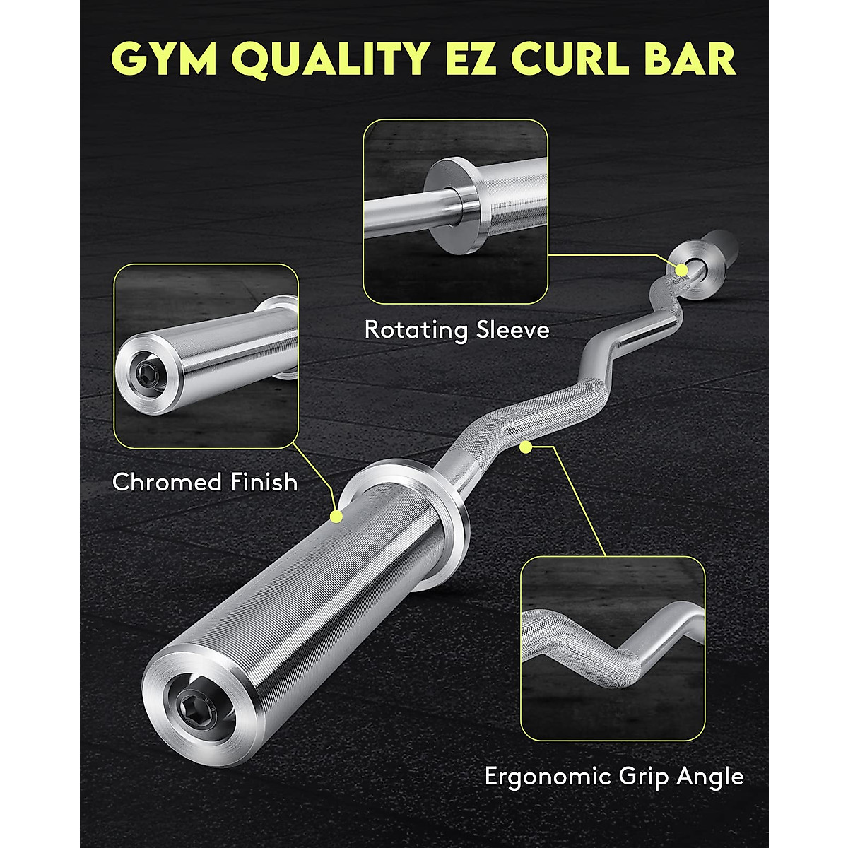 HIRALIY 47" Olympic EZ Curl Barbell Bar for 2-inch Weight Plates Curling Lifting Bicep Curl, 2 Spring Collars Included (Chrome)