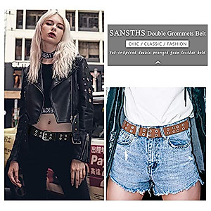 SANSTHS Double Grommet PU Leather Belt for Women Men Punk Rock Metal Jeans Belts 1 1/2 inch, Black S
