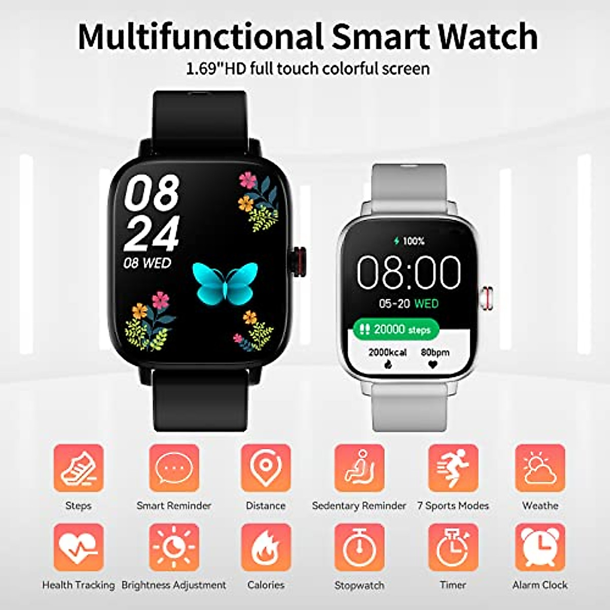 Smart Watch, Luoba 1.69'' Full Touch Answer/Make Call Android Smartwatch for Women Men Fitness Tracker with Heart Rate Sleep Monitor Calorie Step Counter Fitness Watch Compatible Android iOS (Black)