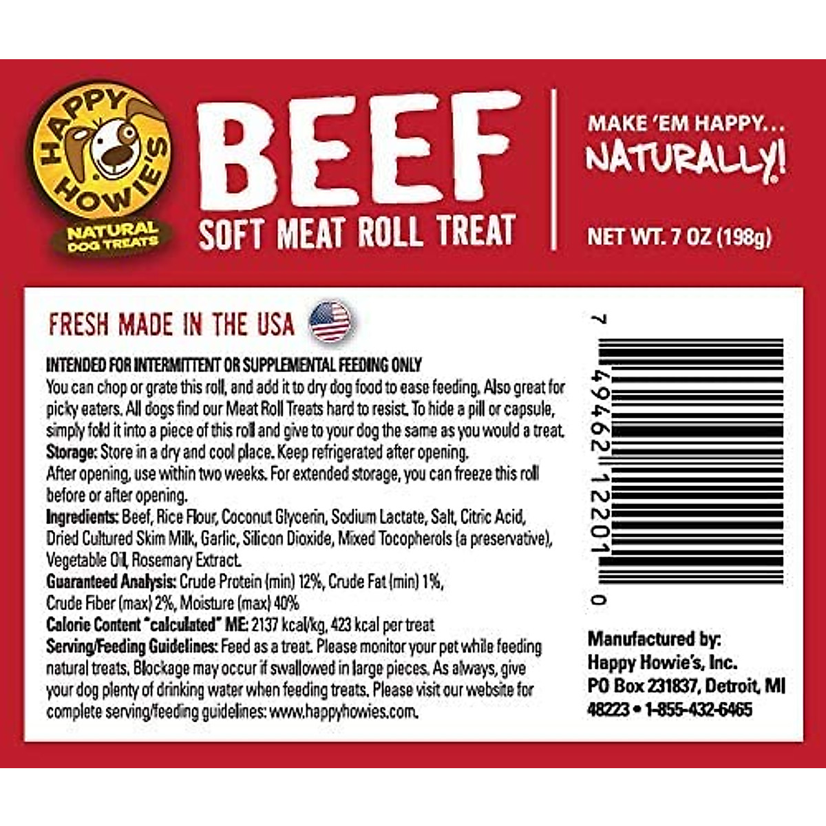 Happy Howie's Natural Dog Treats - Dog Meat Roll, Healthy Dog Treat & Training Tool, Easily Hide Pills, Made in The USA, Simple Ingredients, Soft Meat Roll - Variety (Beef, Turkey, Lamb), 7 Oz Each