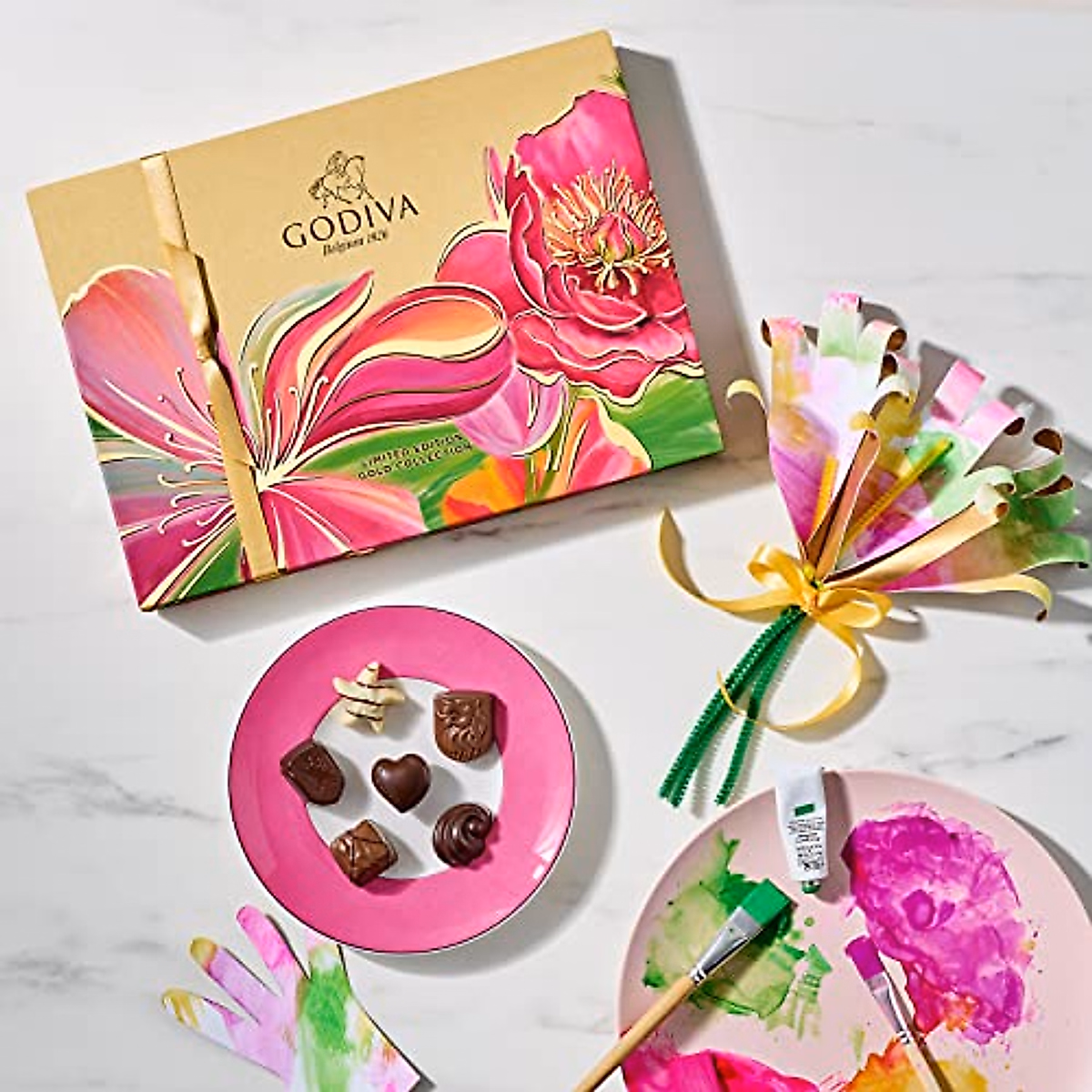 Godiva Chocolatier Gourmet Chocolate Gift Box - Assorted Dark, Milk, White, Raspberry, Caramel, and Chocolate - Elegant Spring Floral Box - 36 Pieces