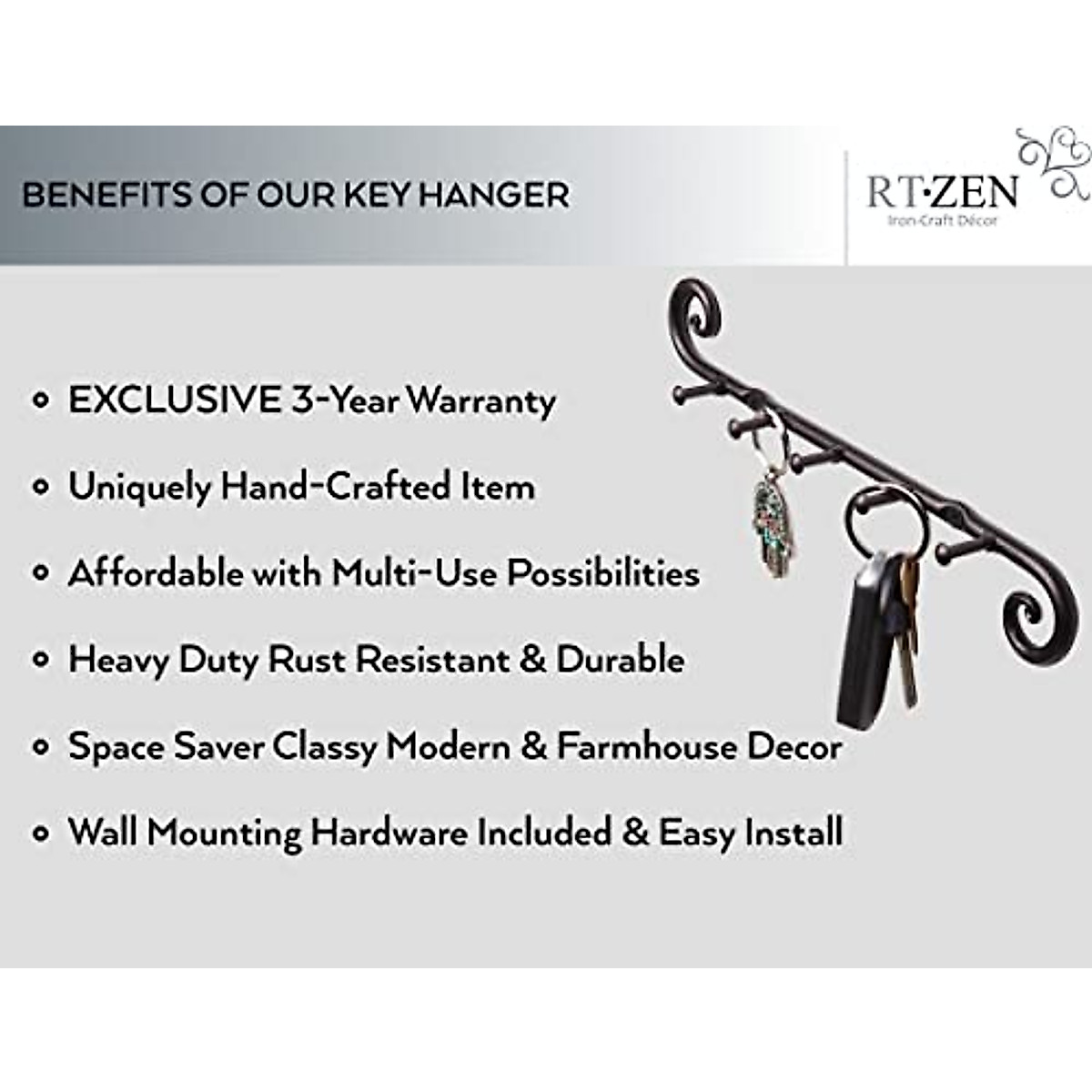 RTZEN Farmhouse Small Key Holder for Wall - Handcrafted Swirl Decorative 5 Key Hooks for Home Entryway - Wrought Iron Black Wall Mount Key Rack Purse Coat and Leash Holder or Organizer (Classic)