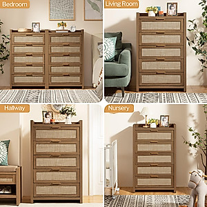 SICOTAS Dresser for Bedroom Chest of Drawers Tall Dresser with 5 Rattan Drawers Wood Dresser for Closet Boho Clothes Storage Tower Large Nightstand Sets for Living Room Hallway Nursery Entryway