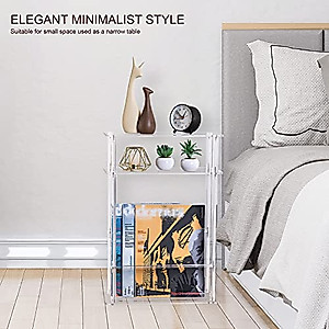 HMYHUM Acrylic Narrow End Table for Small Spaces with Magazine Holder, Slim Side Small Nightstand/Bedside Table for Living Room, Bedroom, 3 Tier, 15.7" L x 7" W x 23" H, Clear