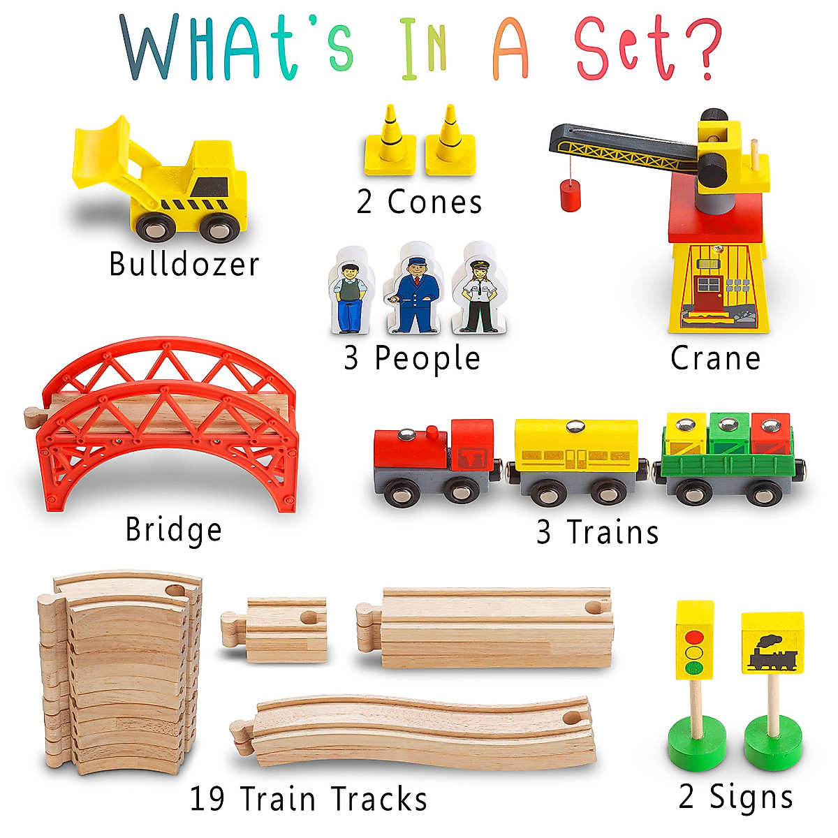 KipiPol Wooden Train Sets for Boys 2-4-7 – 38 Pcs Wood Train Set for Toddlers w/Crane, Bridge & Wooden Train Tracks – Train Toys for 3 Year Old Boys & Girls – Fits Thomas Brio IKEA Melissa and Doug