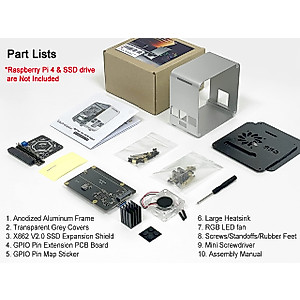 ElectroCookie Raspberry Pi 4 SATA SSD Support Case, Aluminum Mini Tower Case with Cooling Fan and Color Changing Ambient Light (Silver & Black)