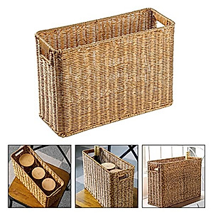 Cabilock Rattan Woven Basket Book Holder Basket Magazine Wicker Basket Woven Magazine Holder Magazine Rack Magazine Storage Organizer Rectangular Basket Bins Garbage Container Bin Utensil Tray