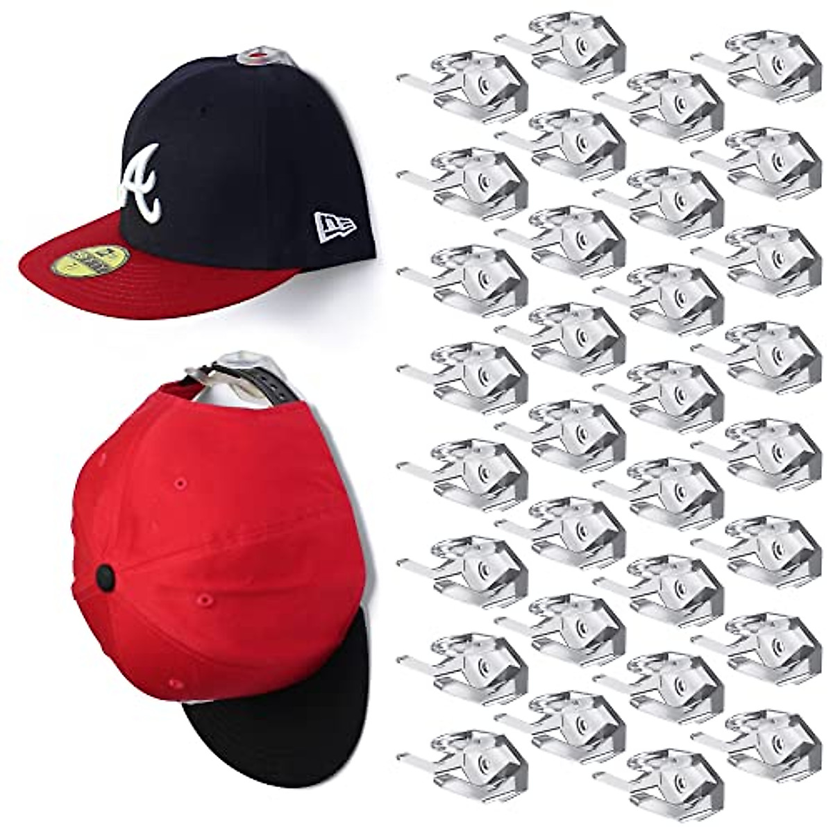 Modern JP Adhesive Hat Hooks for Wall (32-Pack) - Hat Rack for Baseball Caps, Minimalist Hat Display, Strong Hold Hat Hangers for Wall - U.S. Patent Pending, Clear