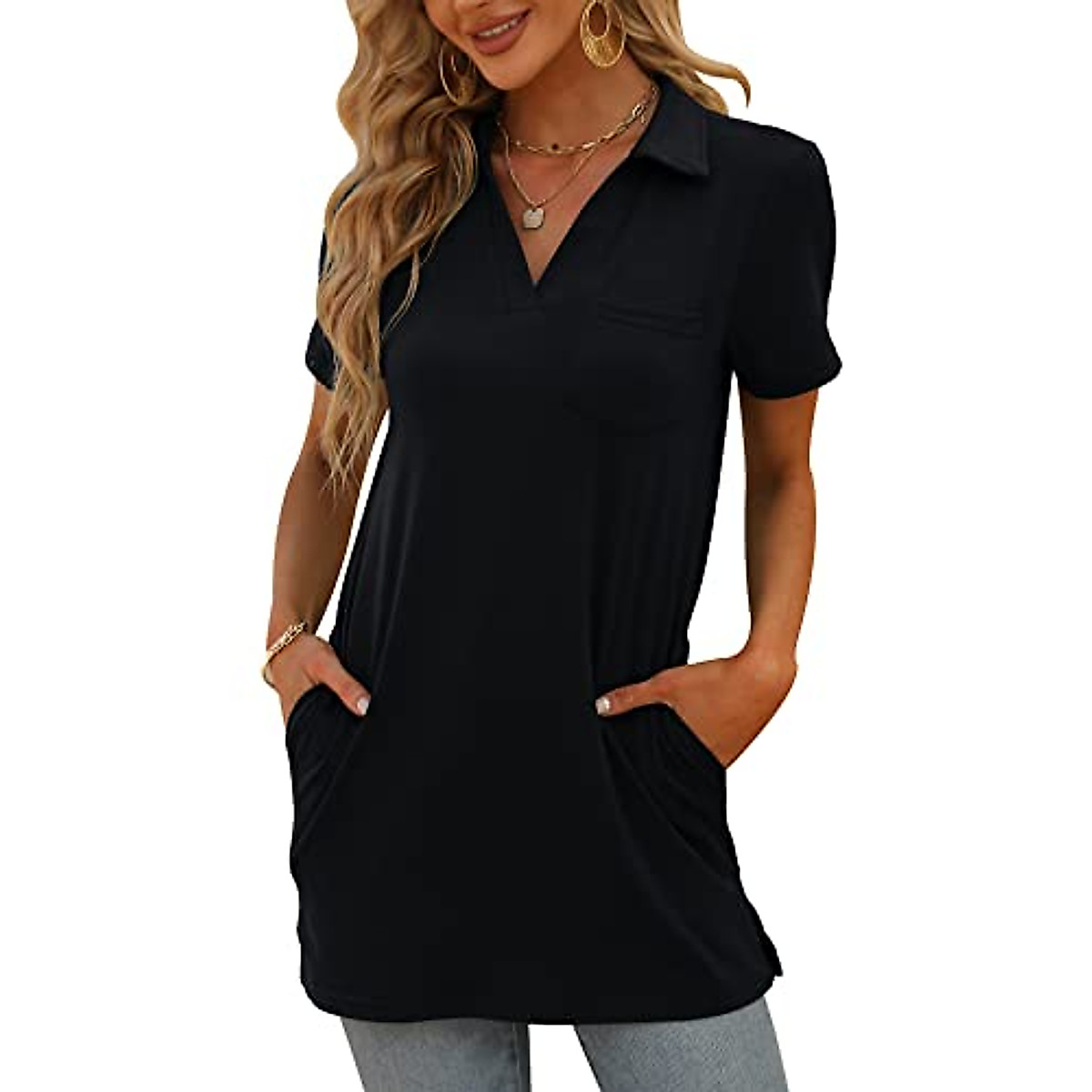 MATEAM Ladies Tops and Blouses V Neck Tops for Women Polo Shirts Womens Short Sleeve Tops Tunics Going Out Tops Black XXL