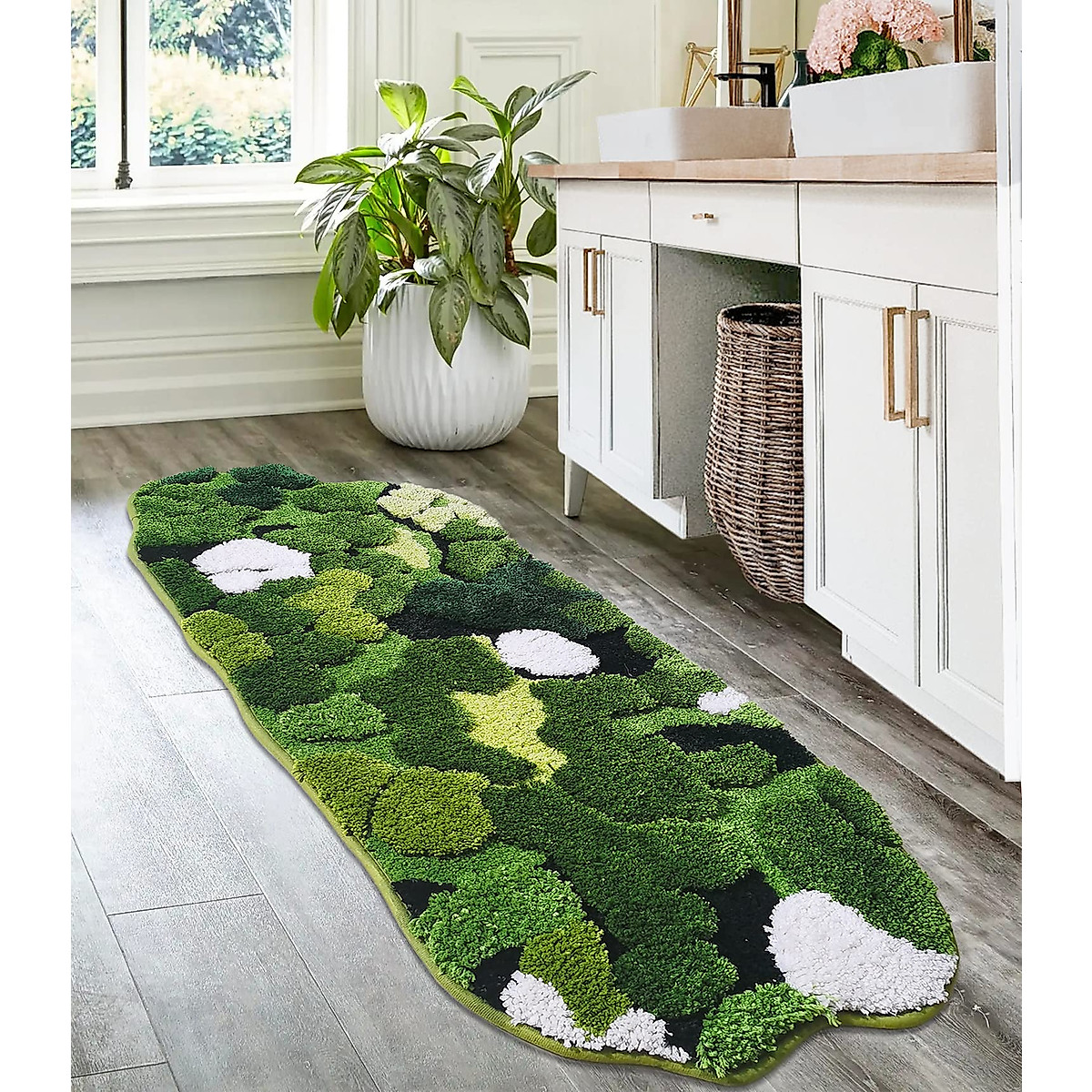 Hifuwan Cute Green Moss Bathroom Runner Rug Long Rectangular Boho Aesthetic Leaf Leaves Bath Mat Shaggy Non Slip Absorbent Shower Mat Decor