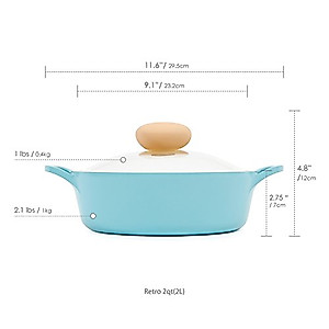 Neoflam Retro 2qt Non-Stick Ceramic Coated Low Stockpot with Integrated Steam Vent Glass Lid, Silicone Hot Handle Holder Included, Saute Pot, Casserole, Dutch Oven, Cookware for Pasta, Stew, Mint Blue