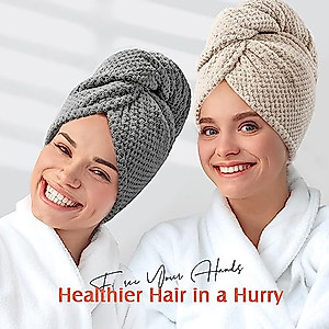 YFONG 2 Pack X-Large Thicken Microfiber Hair Towel Wrap for Women, Super Absorbent & Quick Dry Hair Turban with Button for Curly,Longer,Thicker Hair(Camel+Gray)