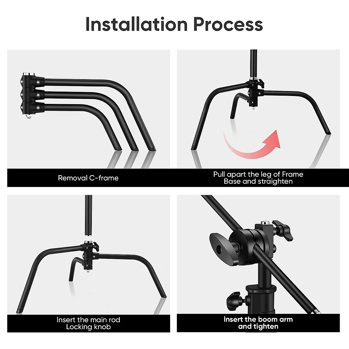 soonpho 2 Pack 100% Heavy-Duty Steel C-Stand, Pro Photography Light Stand with 3.5'/108cm Extension Arm, Grip Head, Turtle Base for Studio Monolight, Softbox, Reflector, Max Height 10'/305cm – Black