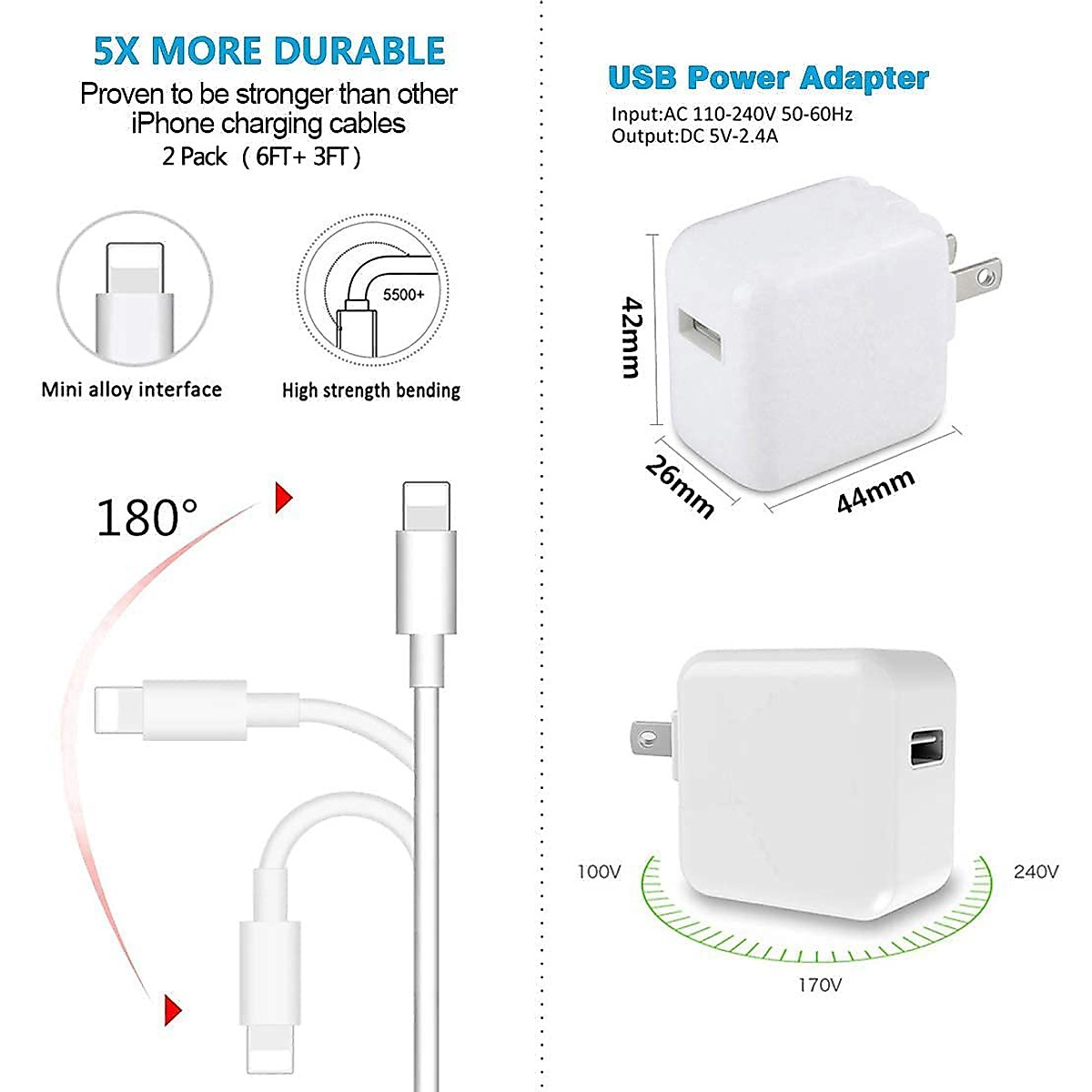 iPad Charger Cable,Fast iPad Charger,iPad Fast Charging[MFi Certified] 12W Foldable Portable Travel USB Wall Charger 3Pack[3/6FT] Cable Cord for iPad 9/iPad Mini/iPad Air