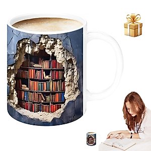 Jaysanter Visual Effect 3D Bookshelf Mug, Book Mug, Library Bookshelf Mug, Coffee Mug for Book Lovers Gifts, Creative Book Club Mug, Creative Space Design Multi-Purpose Ceramic Mug (Blue)