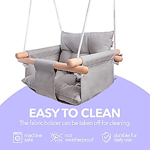 CaTeam - Canvas Baby Swing, Wooden Hanging Swing Seat Chair with Safety Belt, Durable Baby Swing Chair, Outdoor and Indoor Swing for Kids, Mounting Hardware Included, Taupe Gray