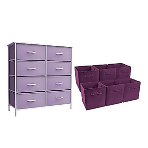 Sorbus Kids Purple Dresser with 8 Drawers + 11 Inch Deep Purple Cube Storage Bins (6 Pack) Bundle - Matching Set - Storage Unit Organizers for Clothing - Bedroom, Kids Rooms, Nursery, & Closet