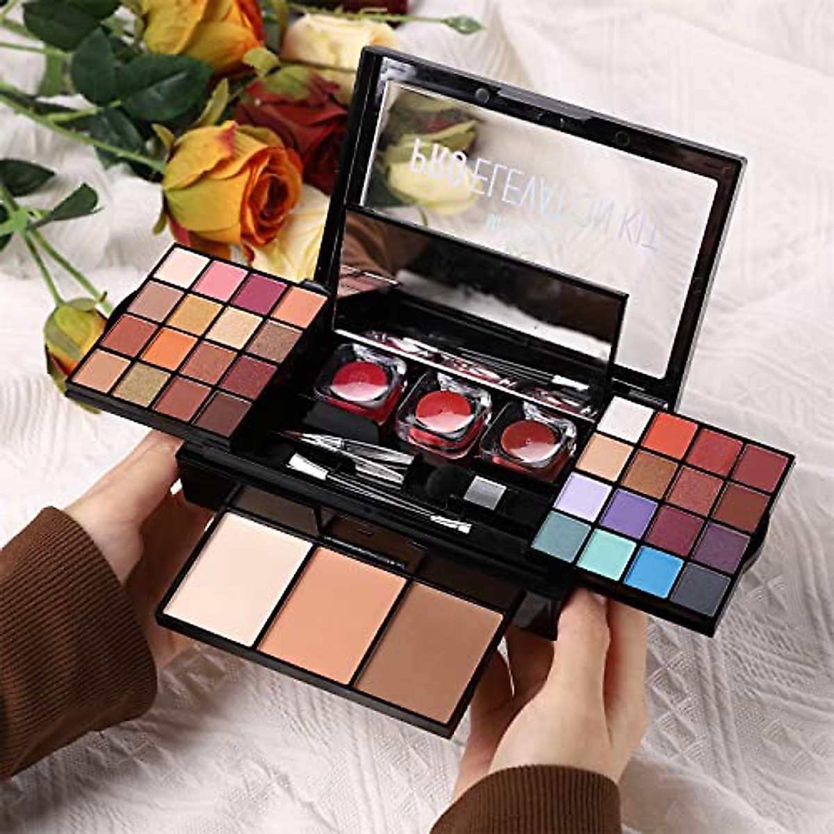 All in One Makeup Set for Women Full Kit, Includes 32 Colors Makeup Kit Eyeshadow Palette, 3 Solid Lip Gloss, 5 Pro Makeup Brushes, 3 Highlighter & Contour, 1 Make Up Mirror, Ideal Makeup Palette Gift Set for Women Girls Teens