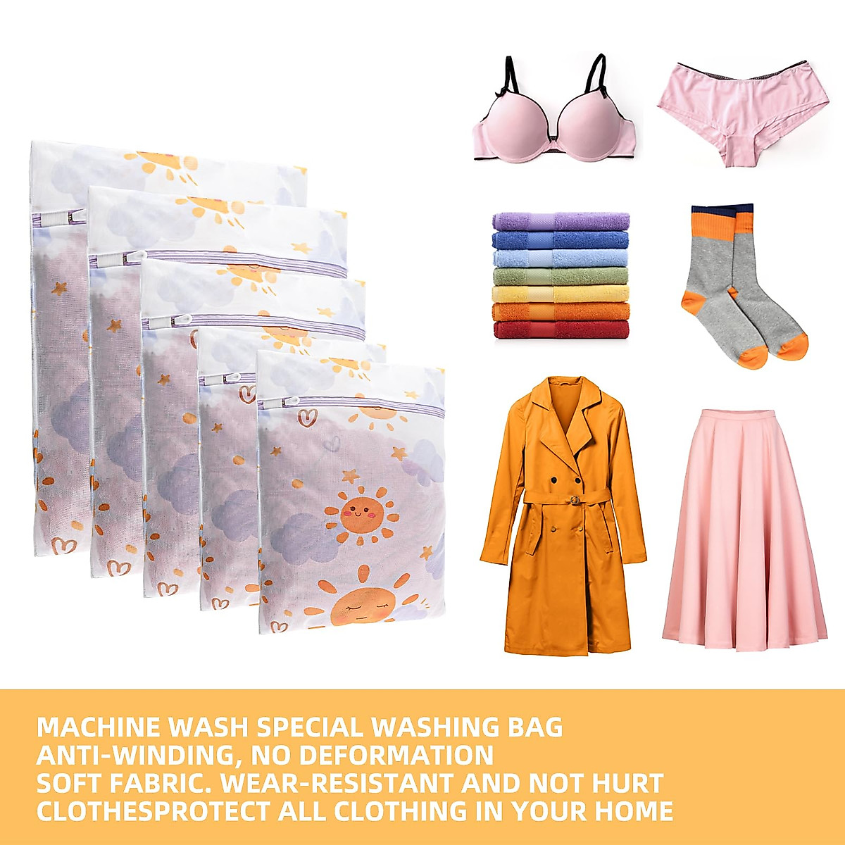 5Pcs Durable Mesh Laundry Bag, Durable Laundry Bags with Premium Zipper (5pcs Sunny)