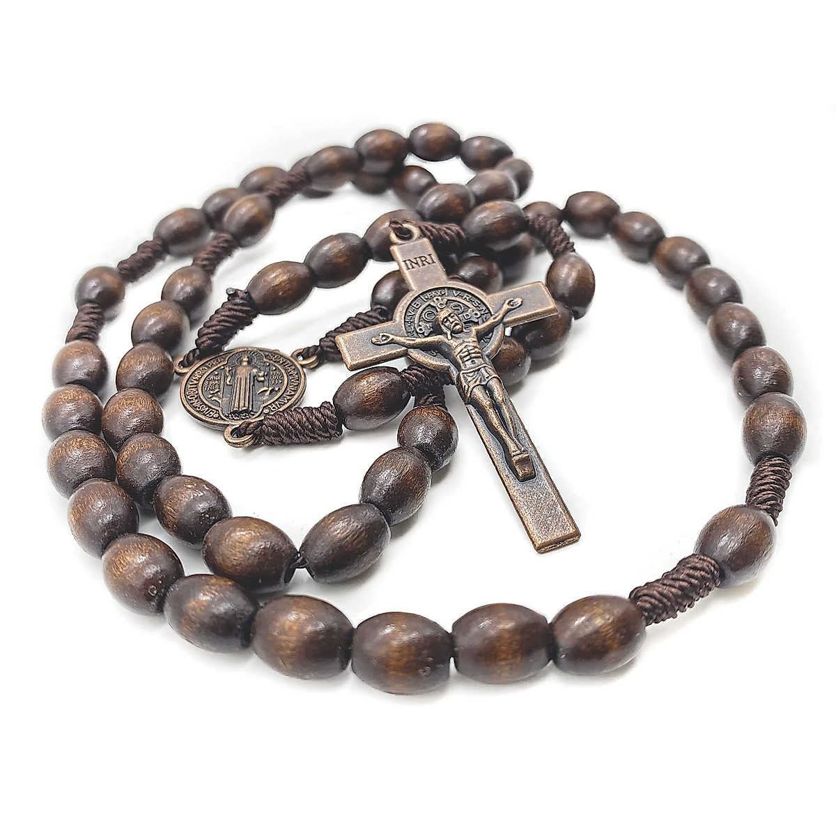 Nazareth Store St.Benedict Wood Beads Rosary Necklace Cord Beaded Catholic Rosary Saint Medal with Cross in Bronze Plating