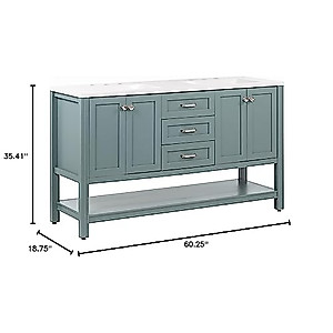 Spring Mill Cabinets Eaton Double Bathroom Vanity with 2 Cabinets, 3 Drawers, Open Shelf, Sink, 60.25" W x 18.75" D x 35.41" H, Sage/White Top