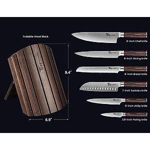 SYOKAMI Knife Set 7 Piece Japanese Style Kitchen Knife Set With Foldable Magnetic Acacia Wood Block Sharp High Carbon Stainless Steel Knives Set for Kitchen with Anti-slip Ergonomic Handle