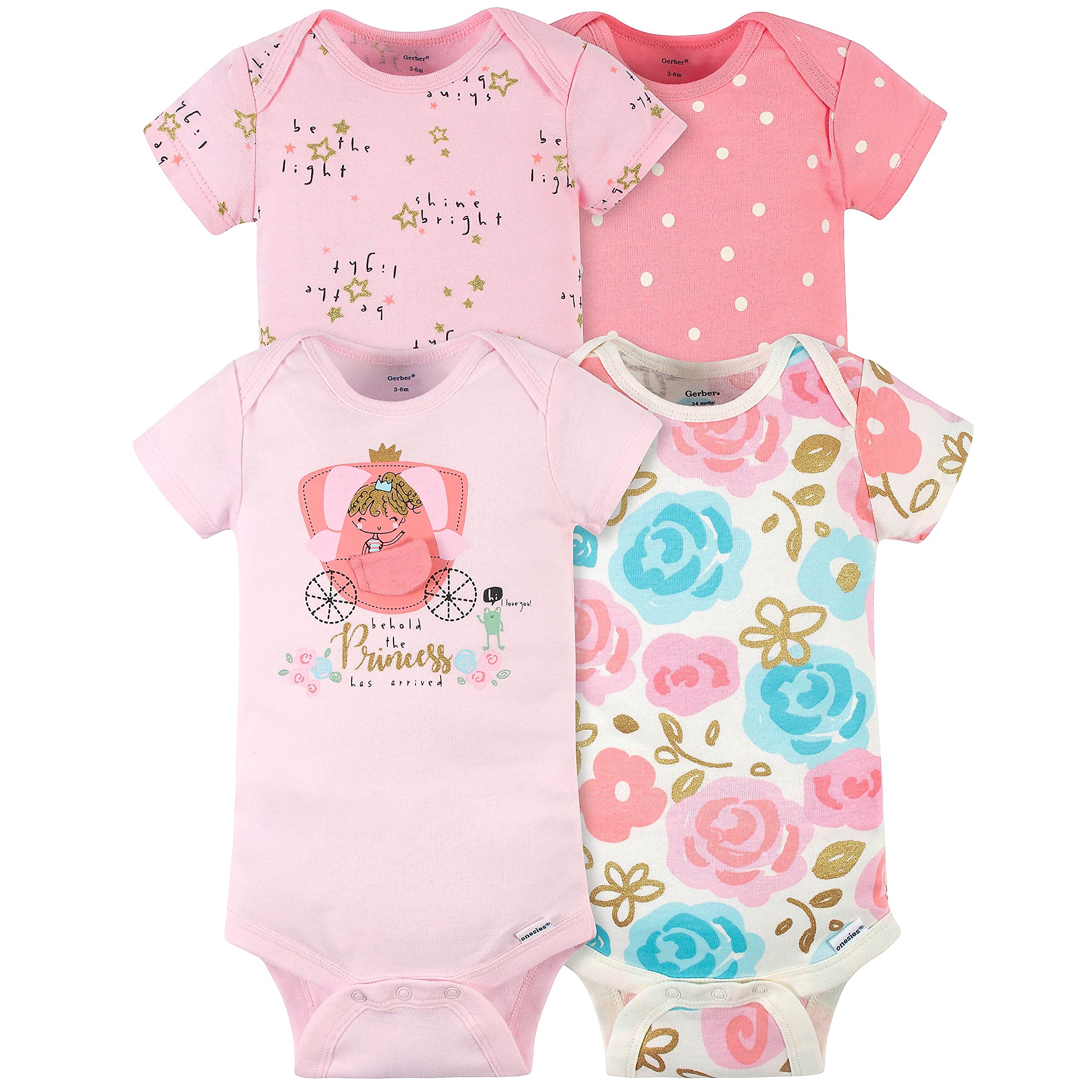 Gerber Baby Girls' 4-Pack Short Sleeve Onesies Bodysuits, Princess Pink, 0-3 Months