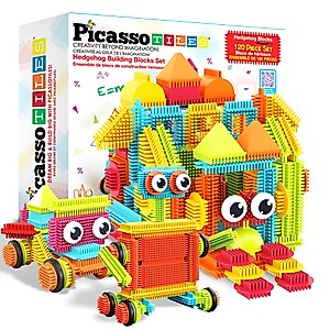PicassoTiles 120pcs Hedgehog Interlocking Building Blocks Tiles Construction Toy Set Learning Playset STEAM Development Preschool Kindergarten Toy for Kids Age3+ PTB120