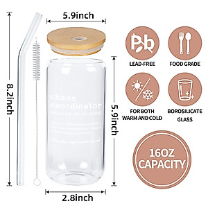 6 Pieces Chaos Coordinator Gifts For Women- 16oz Chaos Coordinator Glass Cup With Lid And Straw Drinking Glasses Tumbler Gifts Thank You Gift for Coworker, Teacher, Boss ，Teacher Best Friend