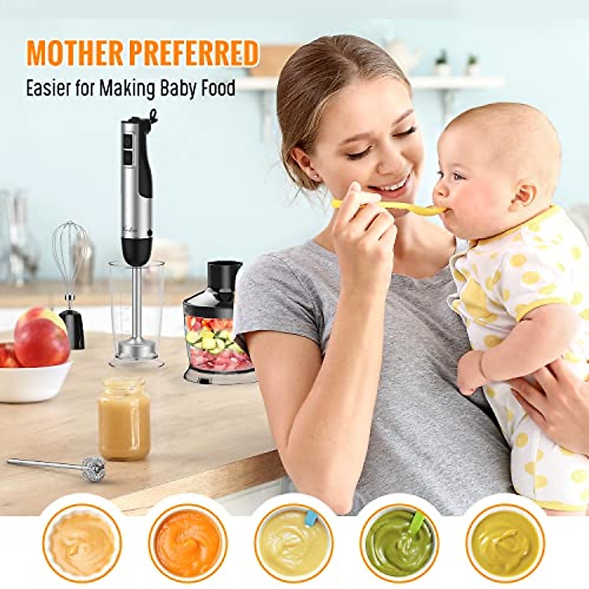 Immersion Blender Handheld, 1100W 5-in-1 Multi-Purpose Hand Blender, 12-Speed Stick Blender, 600ml Beaker, 500ml Chopper, Egg Whisk, Milk Frother, Black