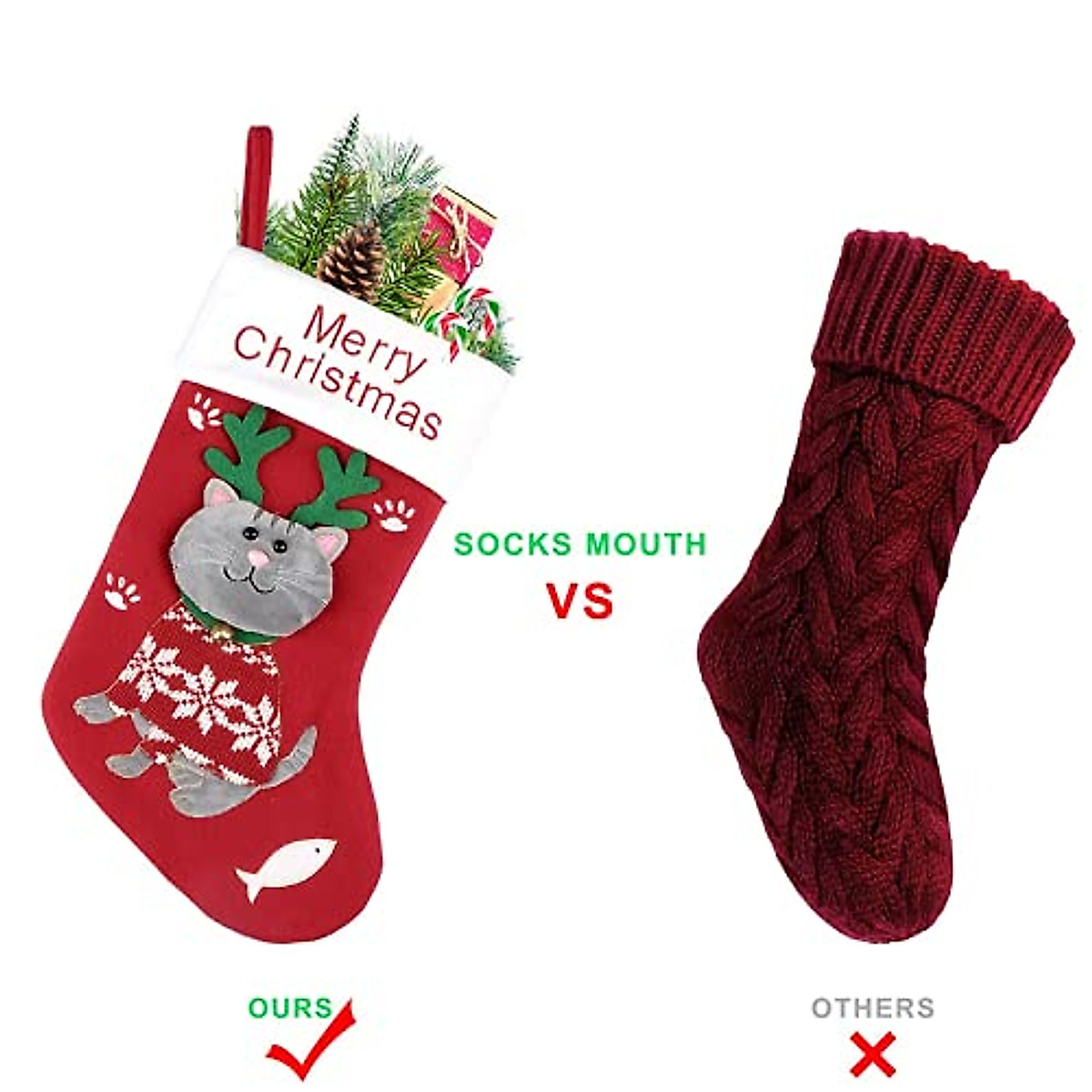 EPHVODI 2 Pack Large Christmas Stocking, 15" 3D Cat with Bell Christmas Cuff Stocking Fireplace Decorations for Family Holiday Season Party Decor