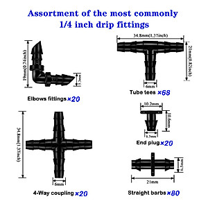 Irrigation Fittings Kit, Hoomtry Drip Irrigation Barbed Connectors for 1/4-Inch Tubing Flower Pot Vegetable Garden Lawn（Straight Barbs, Tees, Elbows, End Plug, 4-Way Coupling）