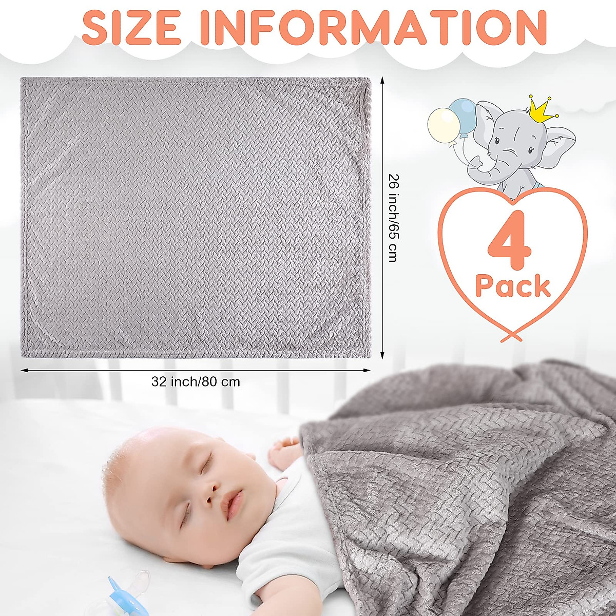 4 Pcs Baby Blankets Toddler Blanket Flannel Fuzzy Plush Flannel Fleece Baby Blankets Soft Warm Throw Crib Blanket, Nursery Swaddling Blankets for Girls Boys Kids Bedding, Gray, 26 x 32 Inch