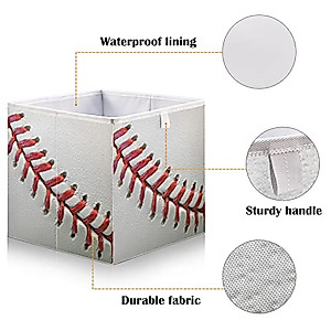 RunningBear Baseball Leather Storage Basket Storage Bin Square Collapsible Shelves Basket Foldable Fabric Cube Organizer for Living Room Car