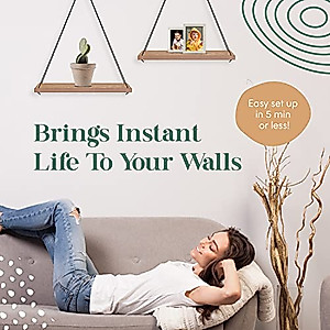 OMYSA Hanging Wall Shelf - Set of 2 Hanging Shelf - Boho Wall Decor - Minimalist & Lightweight - Use in Any Room - Brown